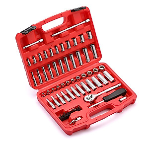 MIXPOWER 62-Piece 1/4-Inch Dr. Master Socket Set with Ratchets,Universal Joint, Extensions with 1/4'' Dr. Bits Set, SAE/Metric 6-Point 5/32-Inch - 9/16-Inch, 4 mm - 14 mm, CR-V Socket