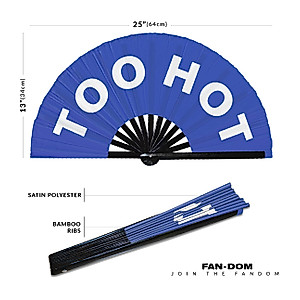 Too Hot hand fan foldable bamboo circuit hand fan funny gag slang words expressions statement gifts Festival accessories Rave handheld Circuit event fan Clack fans (Blue)