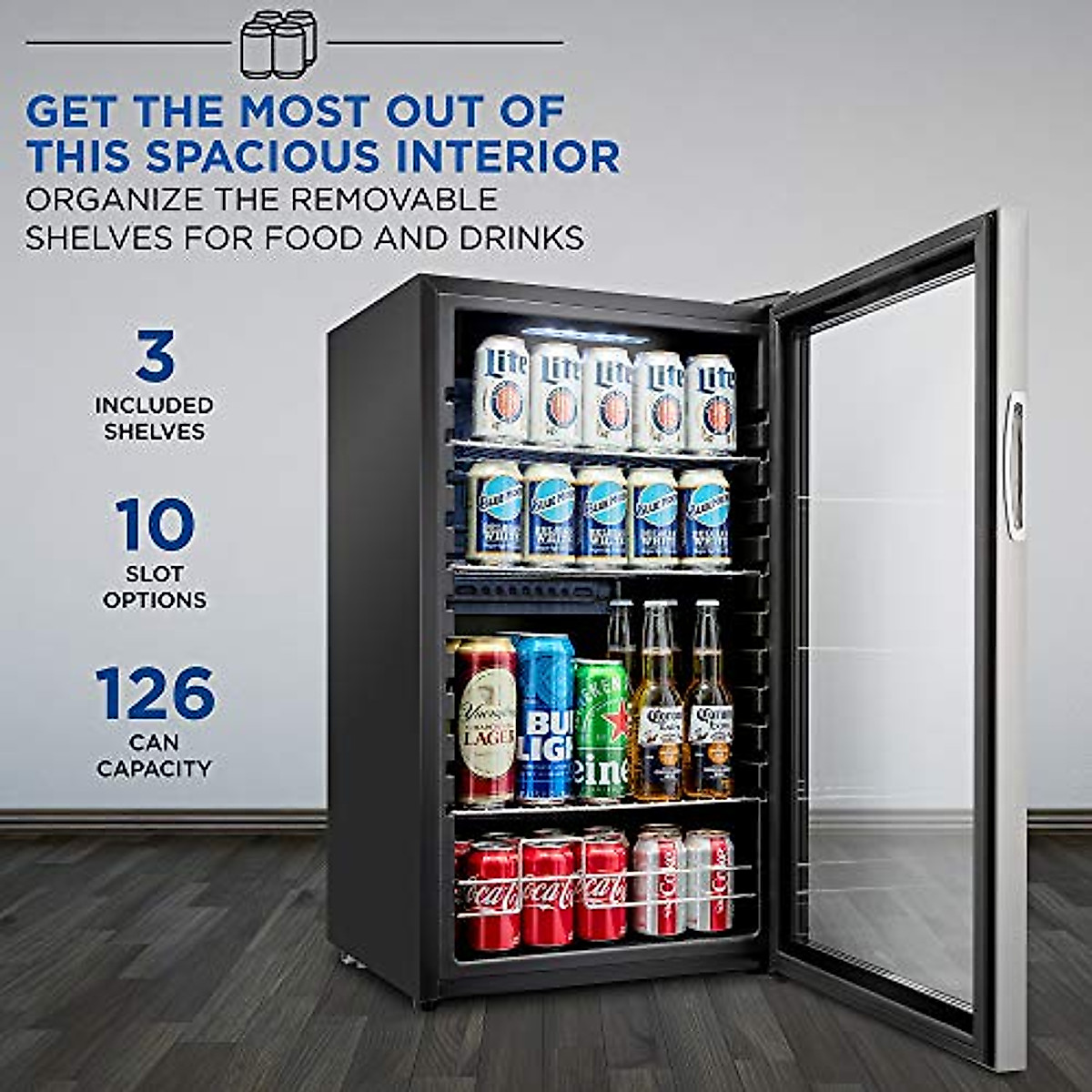 Ivation 126 Can Beverage Refrigerator | Freestanding Ultra Cool Mini Drink Fridge | Beer, Cocktails, Soda, Juice Cooler for Home & Office | Reversible Glass Door & Adjustable Shelving, Stainless Steel