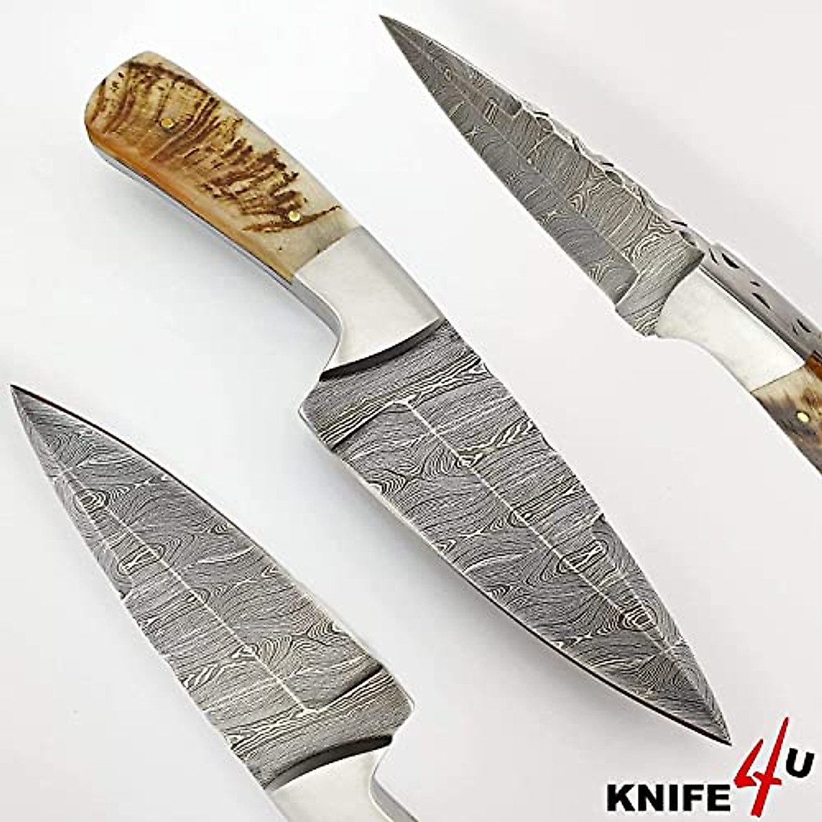 Knife4U Damascus Hunting Knife With Sheath|8"Best Camping,Hiking,Tactical,Survival Knife For Men|EDC Bushcraft Accessories Tool|Sharp Blade With Natural Handle And Knife Display Box (Rams Horn)