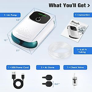 KEDSUM Aquarium Air Pump, USB Rechargeable Fish Aerator Pump with Accessories for 0-60 Gallons, Portable Fish Tank Bubbler, Used for Outdoor-Fishing, Power Outages and Emergency