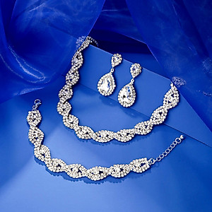3 Pack Bridal Rhinestone Crystal Statement Choker Necklace Link Bracelet and Teardrop Dangle Earrings Jewelry Set