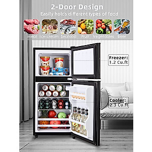 KRIB BLING Refrigerator with Freezer 3.5 Cu.Ft with 7 Level Adjustable Thermostat Control 2 Door Energy Saving Top-Freezer Compact Refrigerator Wood