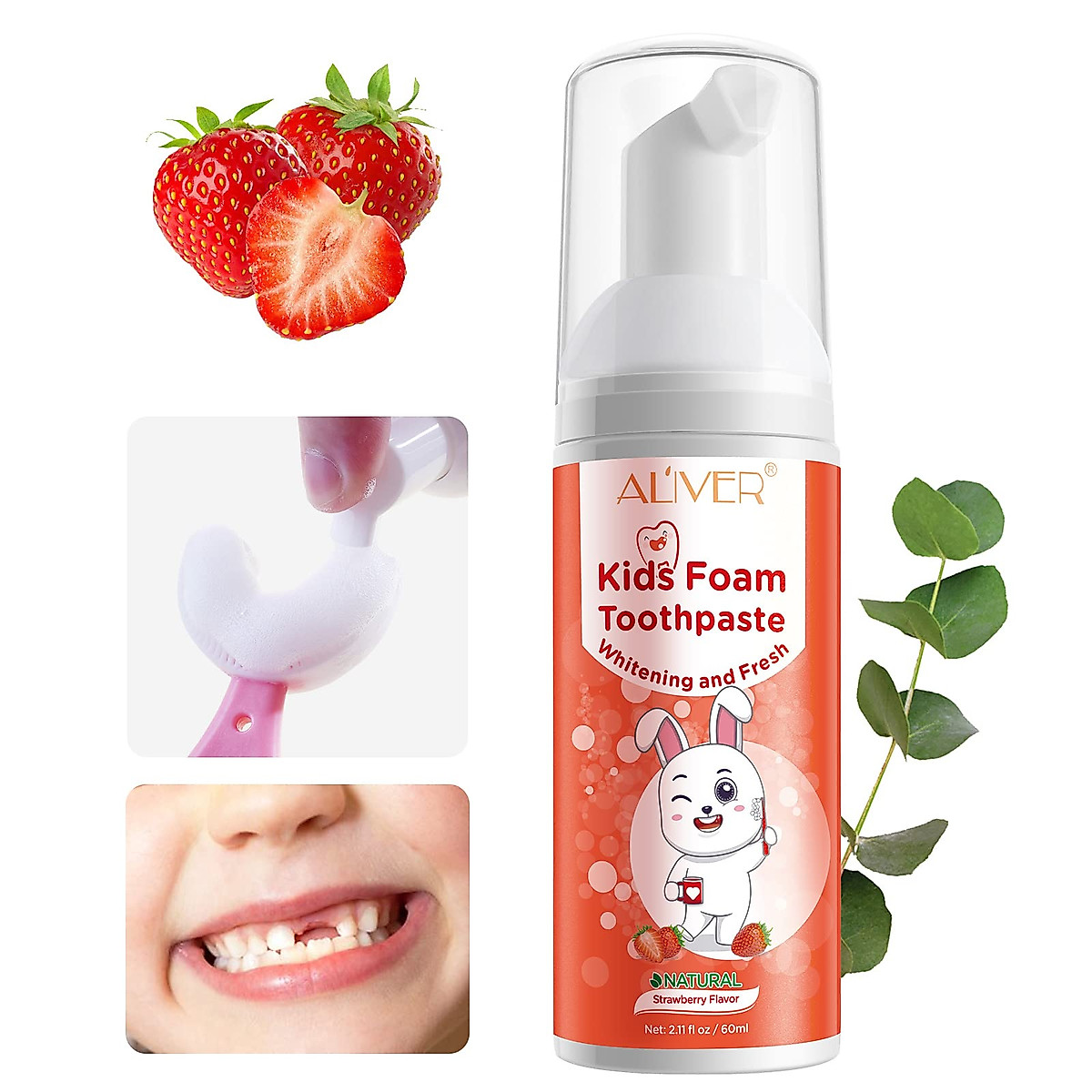 Kids Bubble Toothpaste, Toddler Toothpaste with Low Fluoride, Foaming Toothpaste and Mouthwash for Dental Care 60ml (Strawberry)