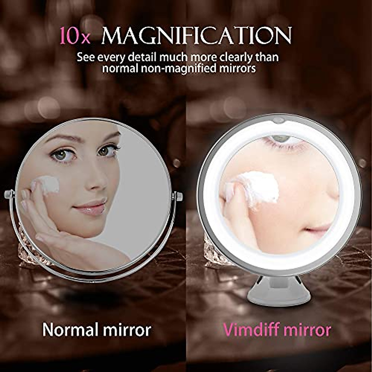 Vimdiff 10X Magnifying Makeup Mirror with Lights, Portable Hand Cosmetic Magnification Lighted Makeup Mirror for Home Tabletop Bathroom Shower and Travel