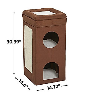 MidWest Homes for Pets Cat Condo | Tri-Level Design in Brown Faux Suede & Synthetic Sheepskin | 14.6L x 14.72W x 30.39H Inches