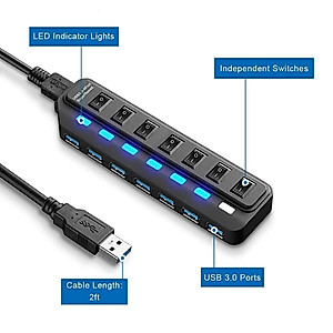 USB HUB - USB 3.0 Ports with Individual Power Switch, Data Splitter & Power Hub (7 Ports)