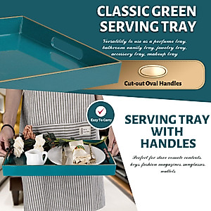 MAONAME Teal Serving Tray with Handles, Modern Decorative Tray for Coffee Table, Plastic Rectangular Tray for Ottoman, Bathroom, Decor, 15.75” x 10.2” x1.57