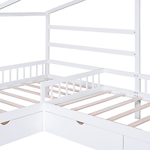 Lakifun L Shaped Bed Frame for Kids, Double Twin Corner House Bed with 3 Storage Drawers & Fence, Modern Solid Wood Platform Bed for Girls Boys Bedroom, Maximize Space (White)
