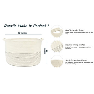 XXXL Cotton Rope Baskets 22 x 14 inches, Jumbo Woven Laundry Blanket Basket with Handles, Large Storage Baskets for Blanket Towels Pillow Clothes, Round Baby Dogs Toy Bins in Living Room Bedroom