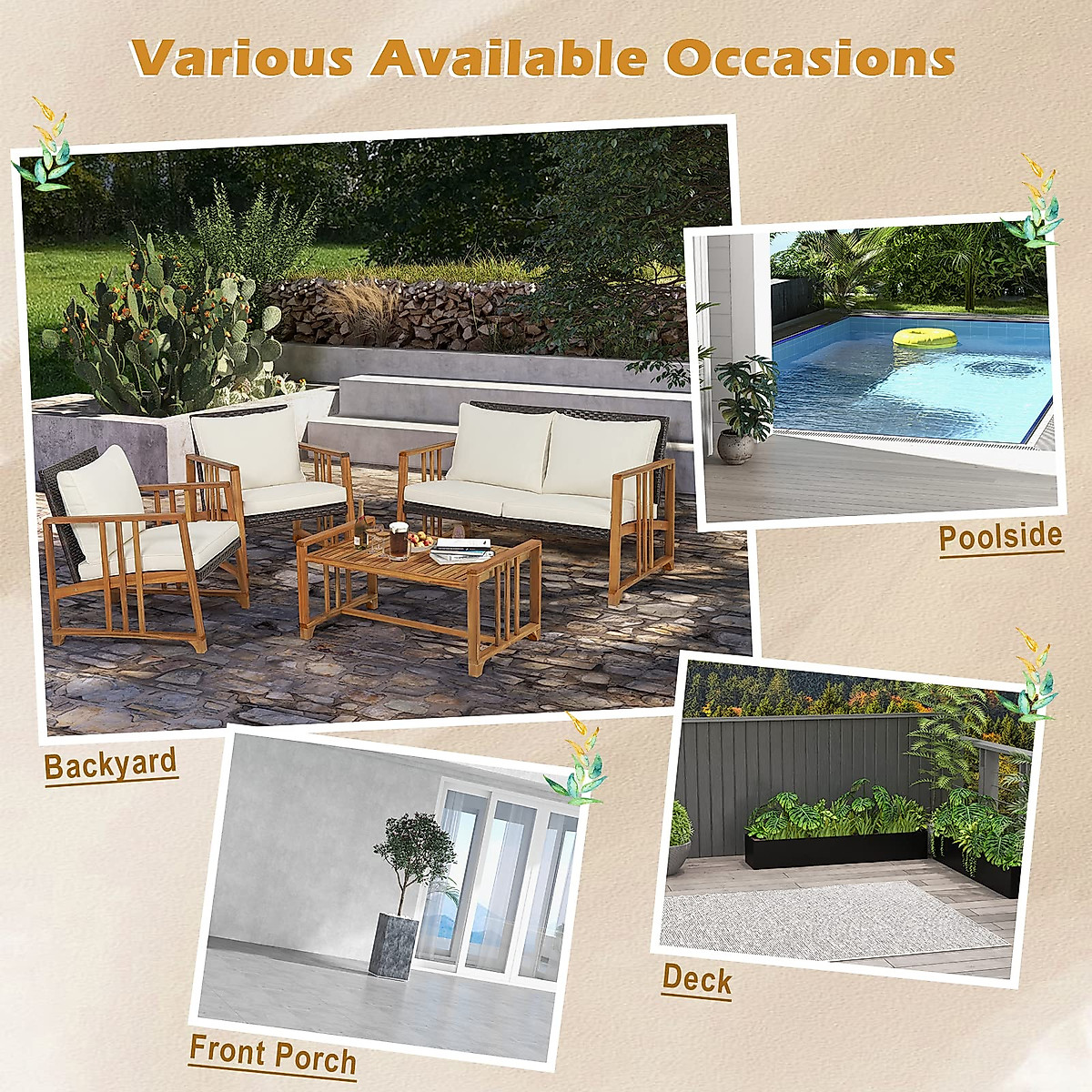 Tangkula 4 Pieces Patio Sofa Set, Outdoor Mix Brown Rattan Conversation Set with Acacia Wood Frame, Cozy Seat & Back Cushions, All-Weather PE Wicker Chair & Table Set for Porch, Poolside (Off White)