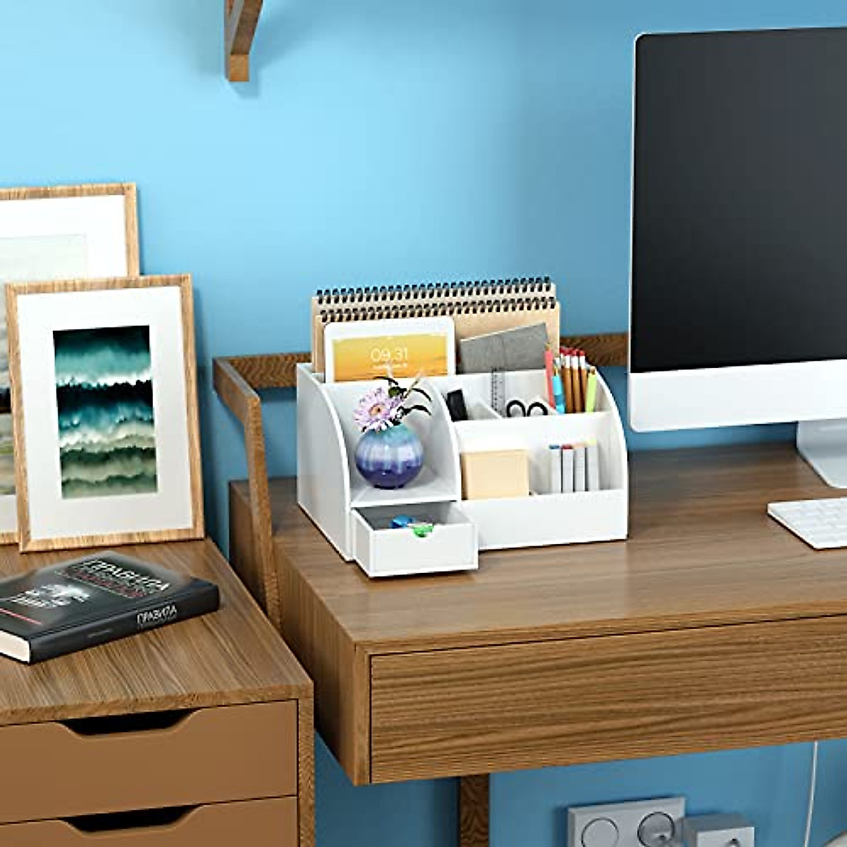 FEMELI Office Desk Organizer and Accessaries,Acrylic Desk Organizer with 8 Compartments +1 Drawer(White)