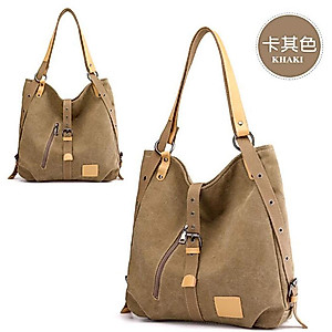 Leijing Women Canvas Casual Multifunctional Microfiber Leather Large Capacity Handbag Shoulder Bags Backpack Khaki one size