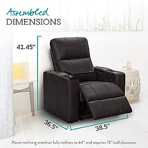 Abbyson Living Rider Powered Reclining Theater Chair - Built in USB/Power Outlet, Cup Holders, Tray/Side Table, Faux Leather Home Theater Chair, Brown