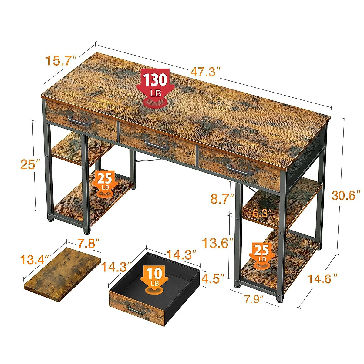 ODK Office Small Computer Desk: Home Table with Fabric Drawers & Storage Shelves, Modern Writing Desk, Vintage, 48"x16"