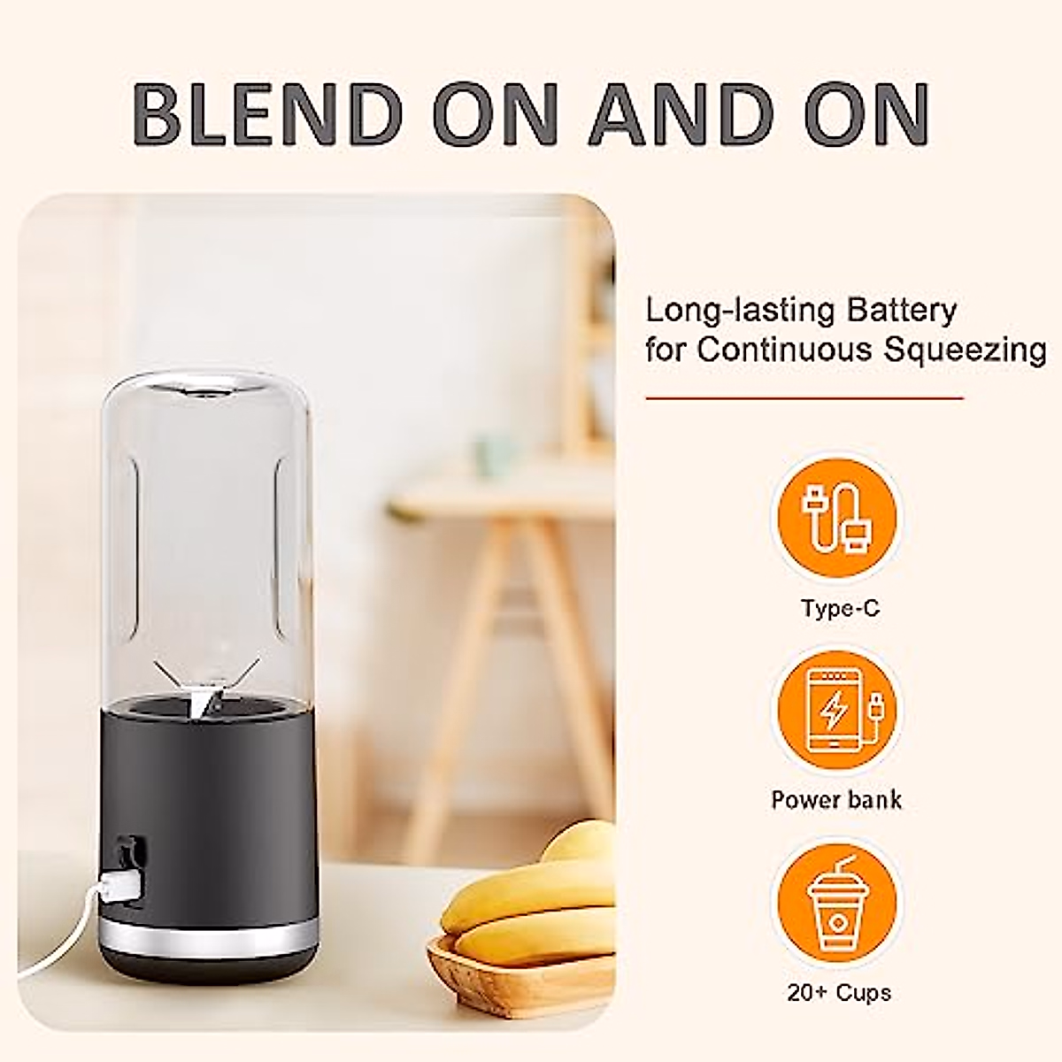 BESNOOW Portable Blender, Personal Blender for Shakes and Smoothies, 4000mAh USB Rechargeable, BPA Free 15.2 Oz 450ML Juicer Cup with 6 Blades and Lid, Portable Juicer for Kitchen/Travel/Gym(Black)