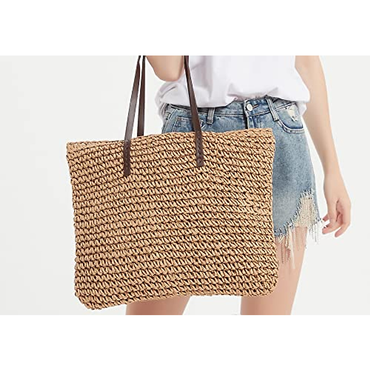 Vgift Beach Bags for Women, Large Straw Tote with Zipper for Summer, Khaki