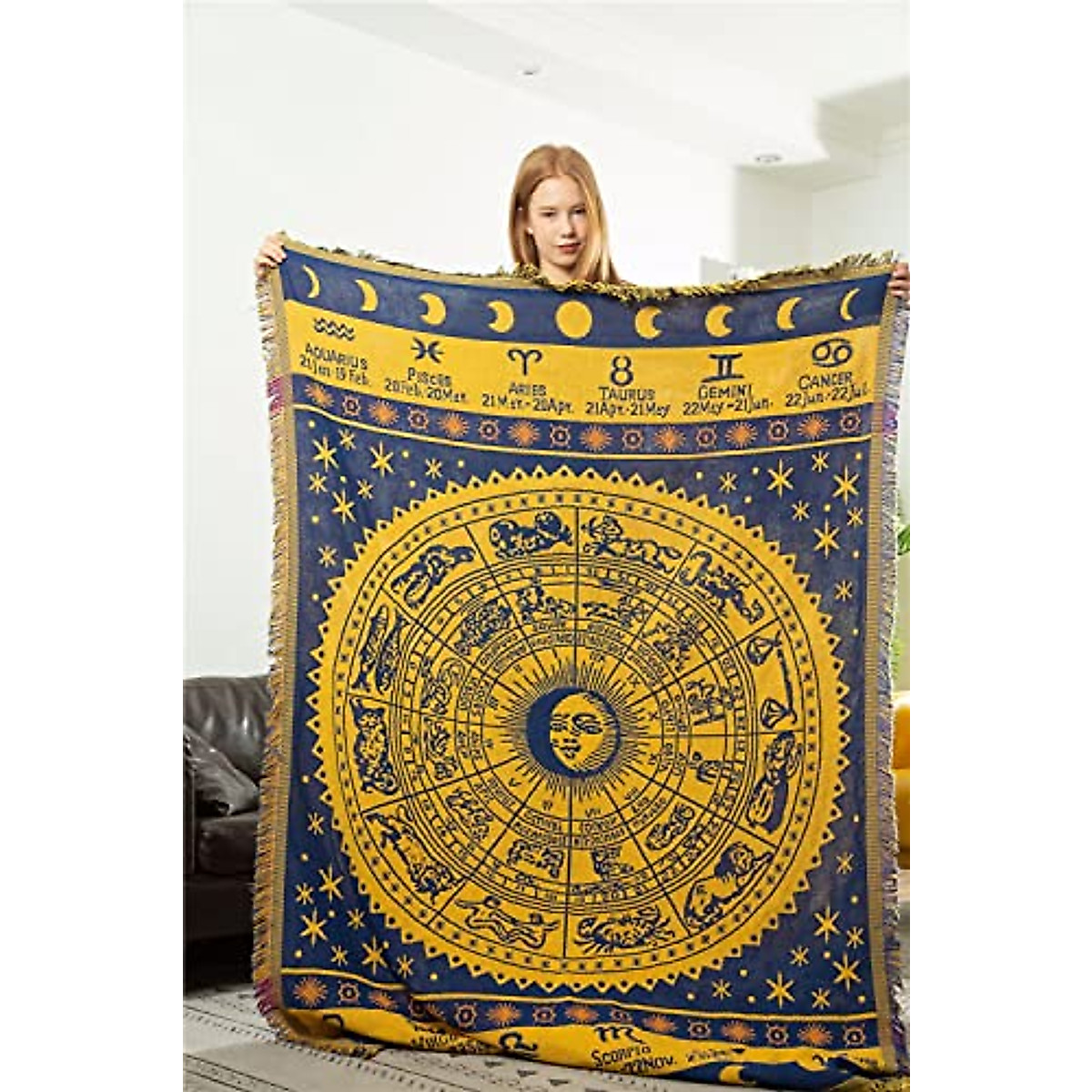 MayNest Boho Woven Throw Blanket Reversible Cotton Bohemian Tapestry Hippie Room Decor Witchy Astrology Zodiac Celestial Constellation Carpet Bed Chair Couch Sofa Cover Double Sided (Yellow, 51x71)