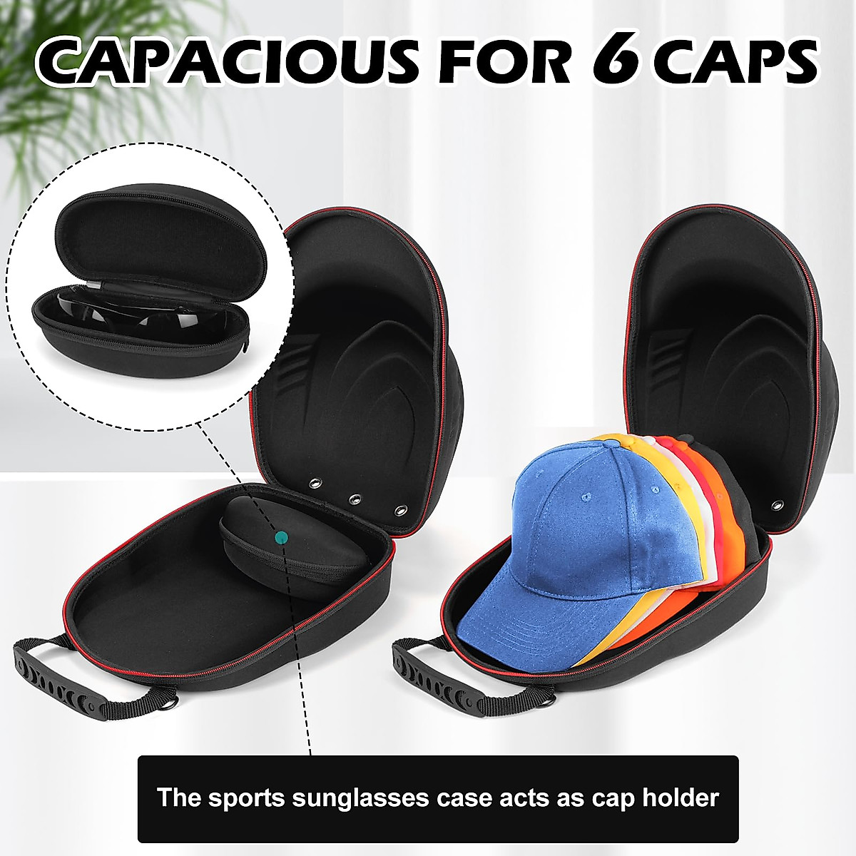 Hat Travel Case+Sunglass Case, Hard Hat Case for Baseball Caps Hat Storage for Travel with Carrying Handle & Shoulder Strap, Hat Organizer Holder Protects Up to 6 Hats for Traveling & At-Home Storage
