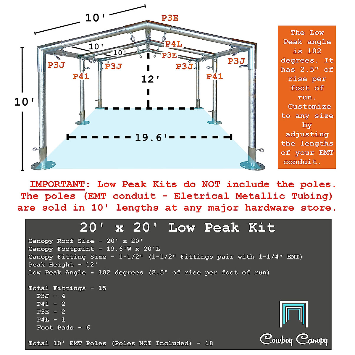 Carport Kit, 20' x 20' Low Peak Canopy Fittings, DIY Metal Carport Frame Parts, 1-1/2" EMT Fittings