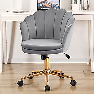 Furnimart Home Office Chair with Wheels Upholstered Comfy Velvet Desk Chair Stool, Adjustable Swivel Modern Seashell Back Vanity Chair for Living Room, Bedroom, Office (Grey)
