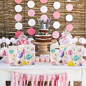 ANGOLIO Pink Outer Space Party Bags - 50Pcs Back to School Candy Treat Bags Outer Space Planets Solar System Theme Party Favors Decor Snack Bags Summer Supplies for Kids Birthday Party Baby Shower