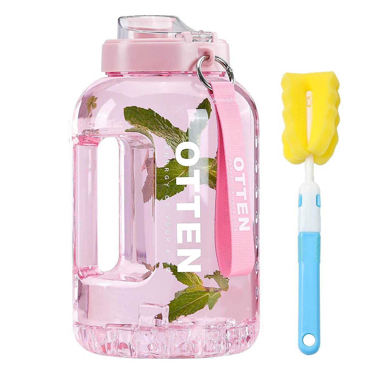OTTEN Gallon Water Bottle with Time Marker - Water Bottles with Bottle Brush, Reusable Tritan Gym Water Bottle with Handle, BPA Free Leak Proof Water Jug (Pink, 128 Ounces)