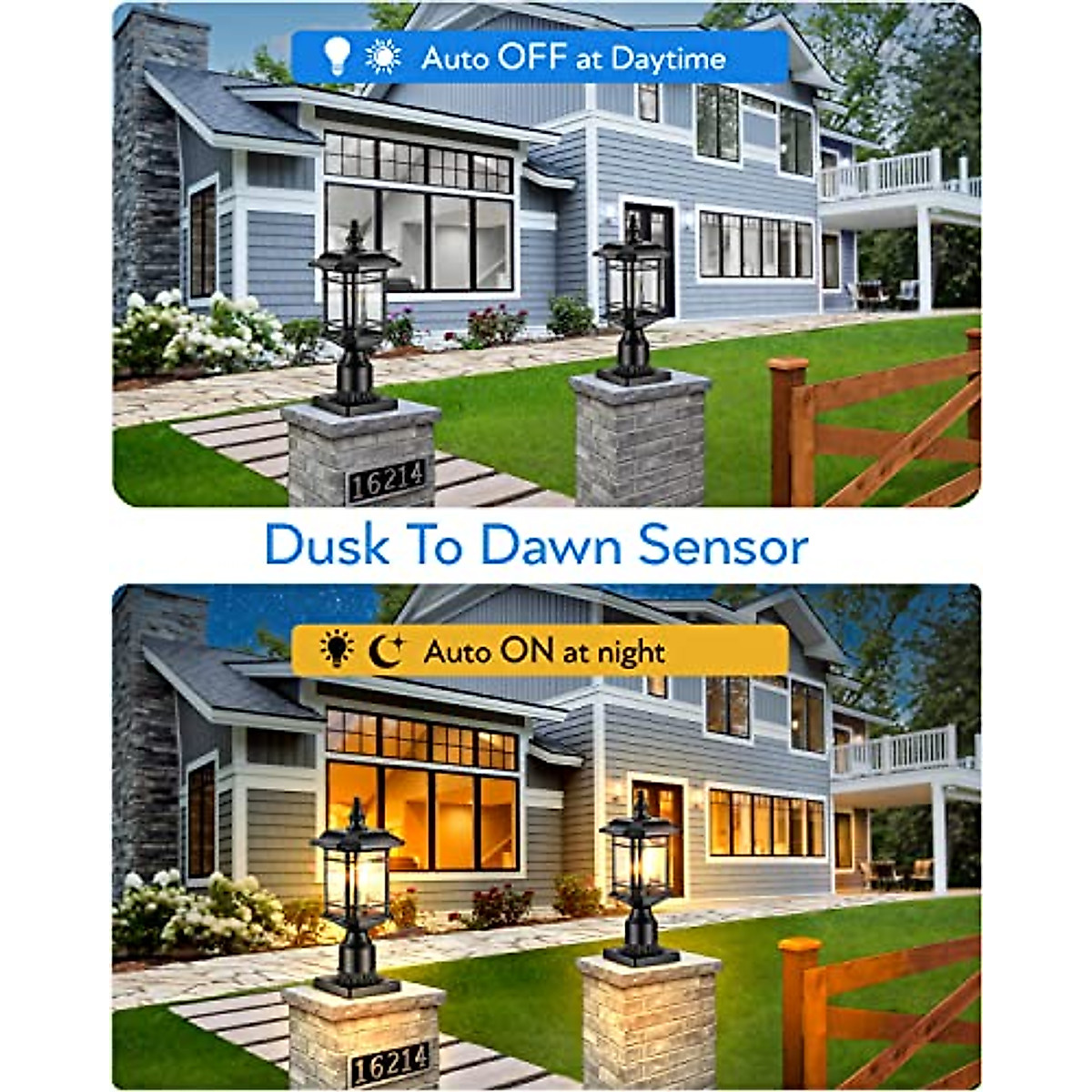 VIANIS Dusk to Dawn Post Lights Outdoor, Black Post Lantern with Pier Mount Base, Exterior Lamp Post Light Fixture, Waterproof Aluminum Body with Tempered Seeded Glass for Patio, Garden, Driveway