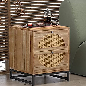 Recaceik Ratten NightStand, Natural End/Bedside Table Cabinet with 2 Ratten Drawers Storage and Metal Legs, Rustic Shelf Bedside End Side Accent Table for Living Room, Bed Room…