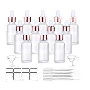 12 Pack,1 Oz Matte Glass Dropper Bottle,Empty Frosted Essential Oil Dropper Bottle Holder With Glass Eye Dropper,Rose-Golden Caps Perfume Travel Vial Container-Pipette,Stickers,Funnel included