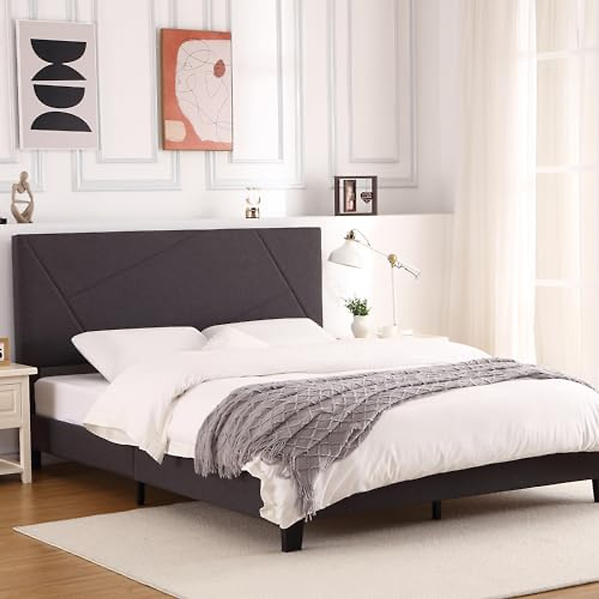 Queen Size Bed Frame with Adjustable Upholstered Headboard, Platform Bed Frame with Linen Fabric Wrapped,No Box Spring Needed, Fully Upholstered Mattress Foundation, Easy Assembly, Dark Grey
