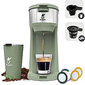 Coffee Maker, Single Serve Coffee Maker Compatible with K-Cup Pod & Ground Coffee, KINGTOO Thermal Drip Instant Coffee Machine with Self Cleaning Function, Brew Strength Control (Red) (Green with Travel Cup)