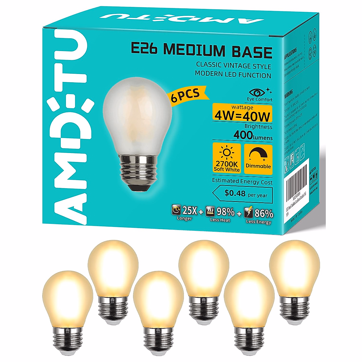 Vintage LED Edison Short Bulb 40W Dimmable E26 Small Globe 2700K Soft white Frosted 40 Watt Warm Standard Medium Base G45 LightBulbs Ideal for Home Lighting Fixtures create Cozy Ambiance in Bedrooms