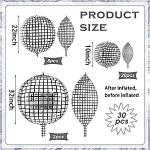 30 Pcs Disco Ball Balloons 32" 22" 10" 4D Disco Balloons 70s Disco Party Decorations Round Metallic Silver Disco Foil Balloons Mirror Disco Balloons for Disco Dance Party Birthday Wedding Supplies
