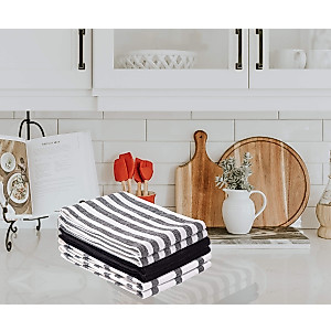 Black Kitchen Towels - Linen Dish Towels - Black and White Striped Kitchen Towels - Farmhouse Dish Towels - Black Cotton Dish Towels Machine Washable, Linen Collection Bar Dish Towels 6 Pack, 16X27