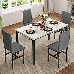 Hooseng Dining Table Set for 4, Modern Kitchen Table and Chairs Set of 4, Space Saving 5 Piece Dining Room Table Set with Faux Marble Top and Upholstered Velvet Chairs for Small Space, Apartment, Grey
