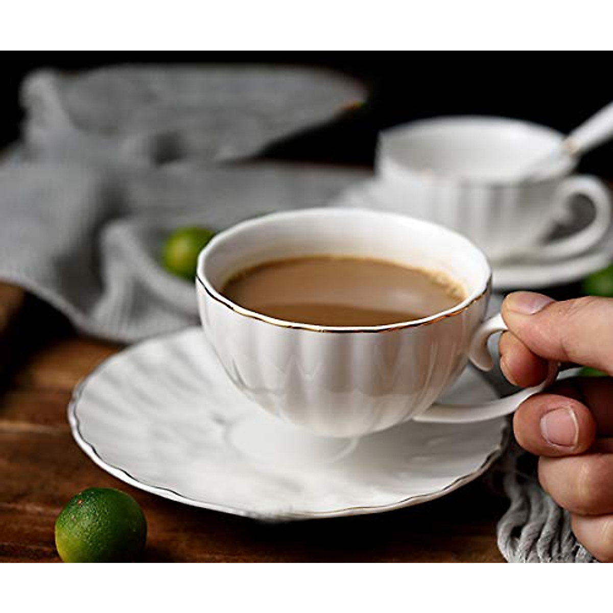 Yesland Set of 6 Royal Tea Cups and Saucers with Gold Trim, 8 Ounce White Porcelain Tea Set & British Coffee Cups, White Latte Cups and Espresso Mug for Specialty Coffee Drinks, Latte, Cafe Mocha, Tea