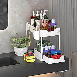 Jincancan Under Sink Organizers and Storage - Double Sliding Under Sink Organizers and Storage - 2 Tier Under Cabinet Organizer with 4 Hooks, Hanging Cup, Under Sink Storage for Kitchen (White)