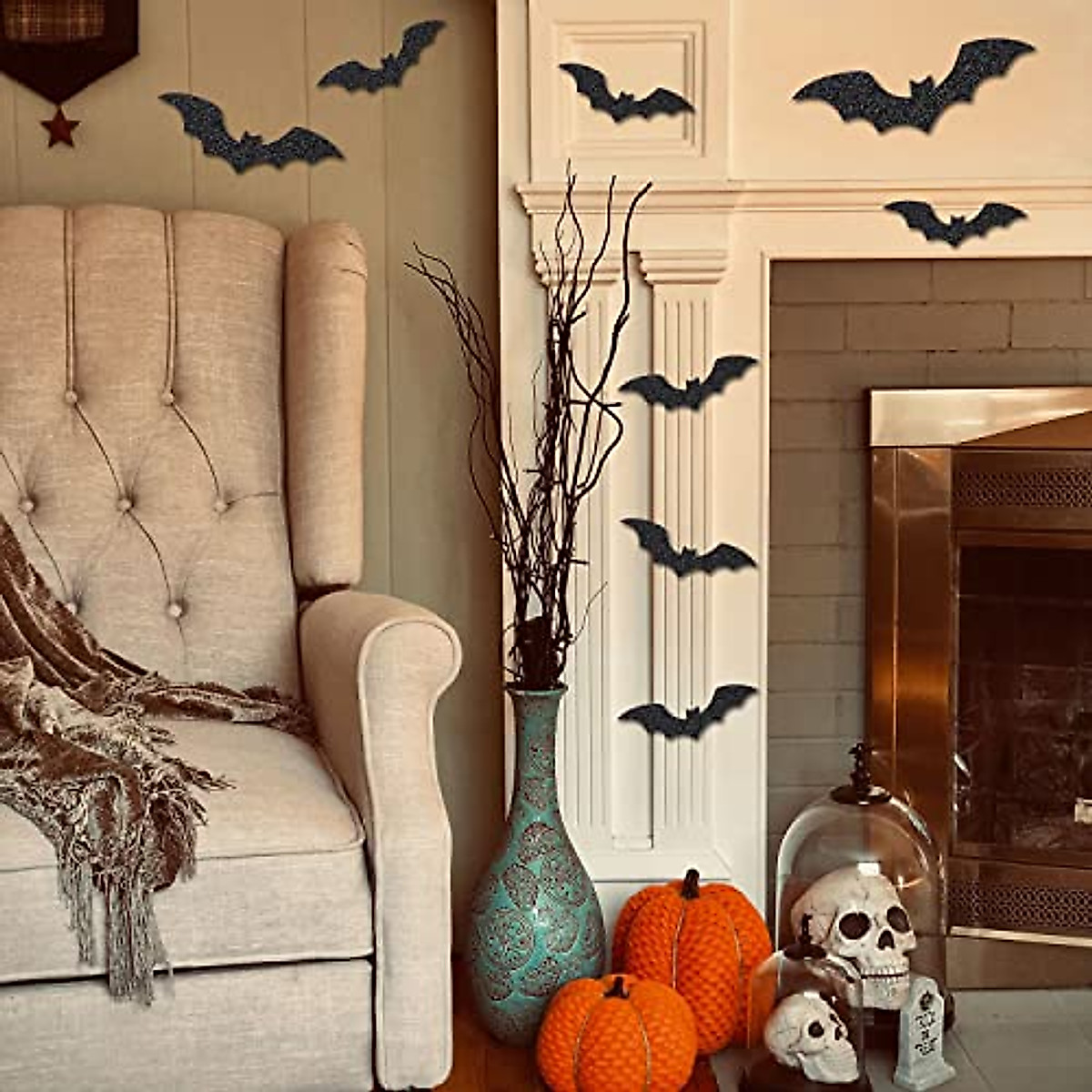 AIEX 20pcs Halloween Bat Stickers, with Glue Points Glitter Felt Cloth Bat Decor Halloween Bat Decorations for Room Home Indoor Wall Halloween Party (2 Sizes)