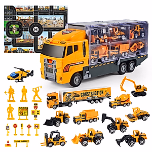 Hapavis Cars Toys for Kids Construction Trucks 26 in 1 Diecast Engineering Vehicles Toy Set with Playmat for Children Boys Kids 3 4 5 6 Years Old