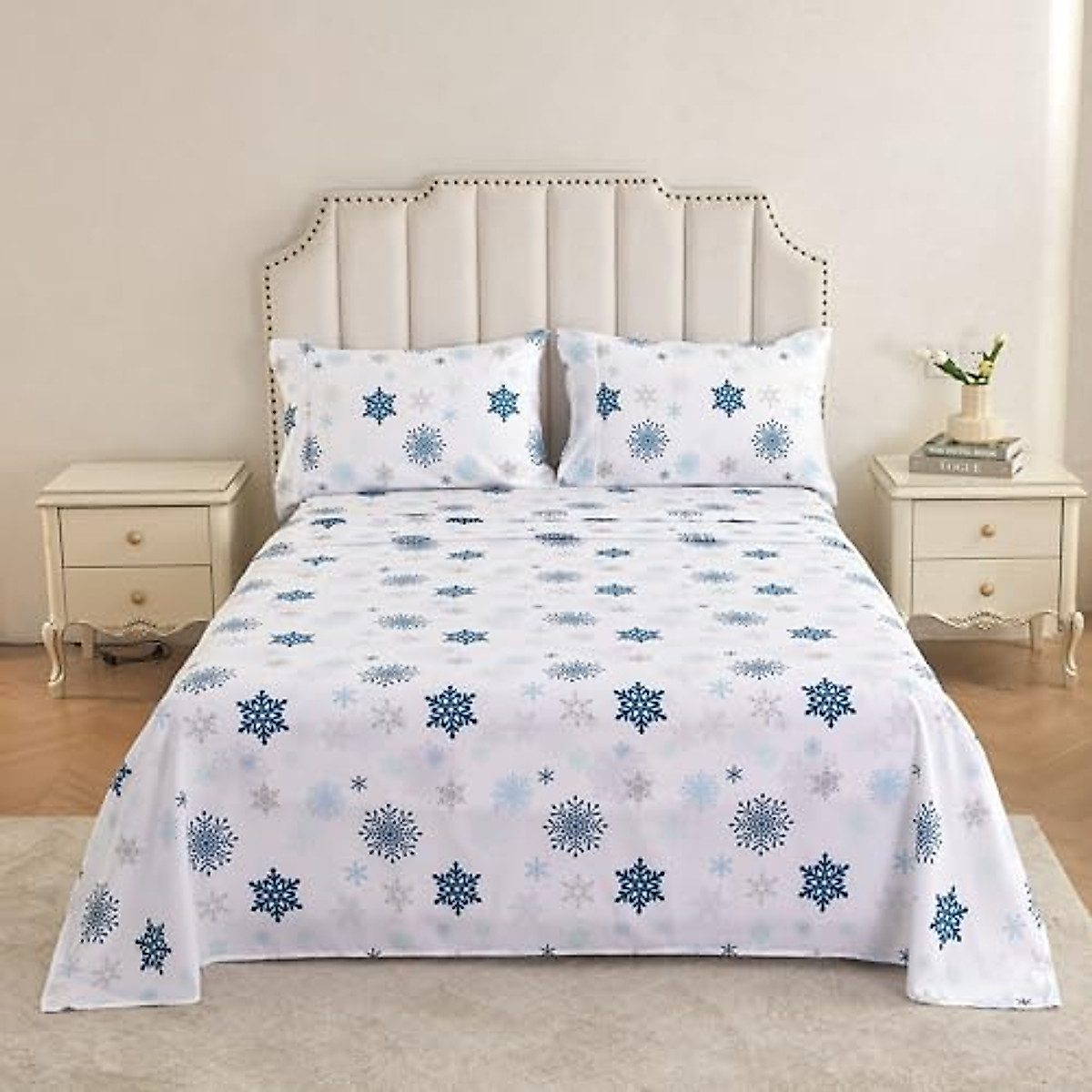Mooreeke Christmas Holiday Full Sheets, Snowflake Printed Full Bed Sheet Set with Deep Pocket Non-Slip Fitted Winter Sheet