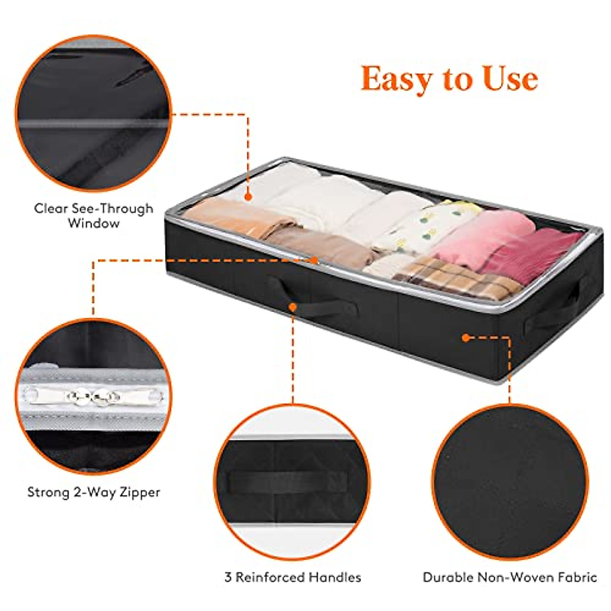 Lifewit 2 Pack Under Bed Clothes Organizer, Bundle with 4 Pack 60L Clothes Storage Bags, Black