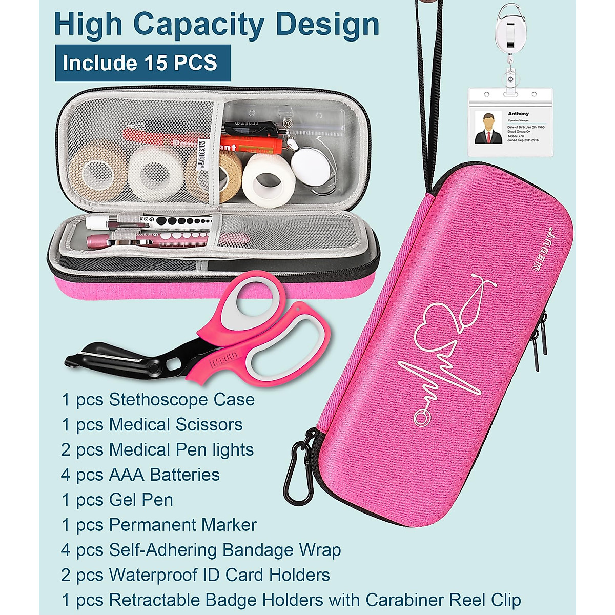 MEUUT 15 pcs Stethoscope Case Kit, Perfect Nurse Gift Include Stethoscope Case, Medical Scissors, Penlights with Batteries, Bandage Wraps, Badge Holders for Nurse Accessories for Work