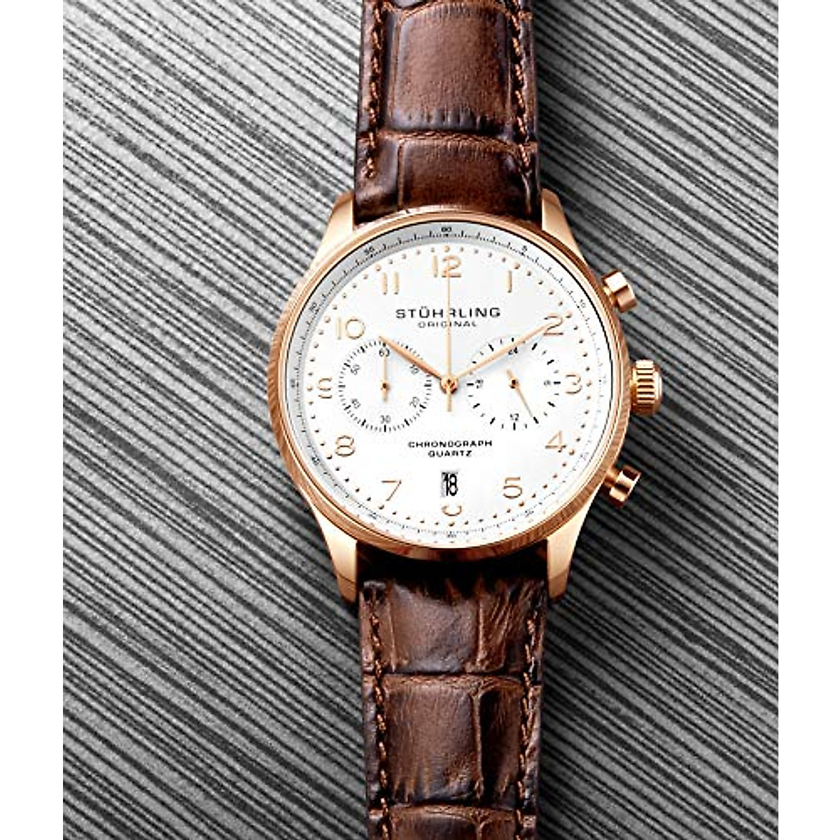 Stuhrling Original Mens Quartz Chronograph Dress Watch - Stainless Steel Case and Leather Band - Analog Dial with Date GR1-Q Mens Watches Collection