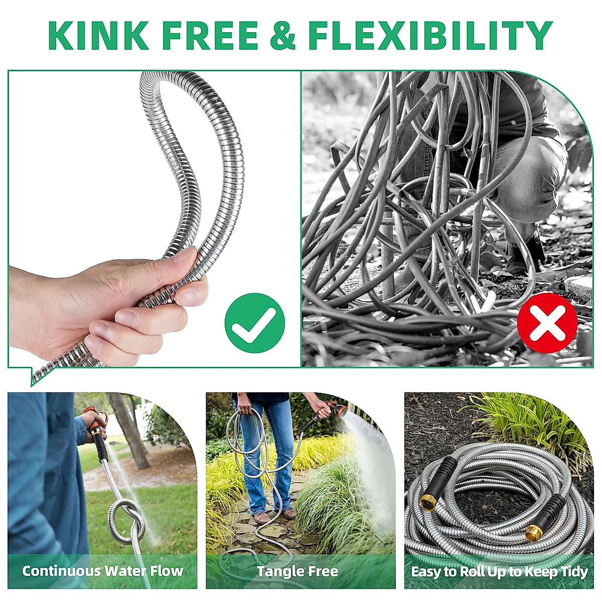 Garden Hose 100 ft - Metal Hose Stainless Steel Water Hose Flexible Heavy Duty Garden Hose Collapsible and No Kink Water Pipe