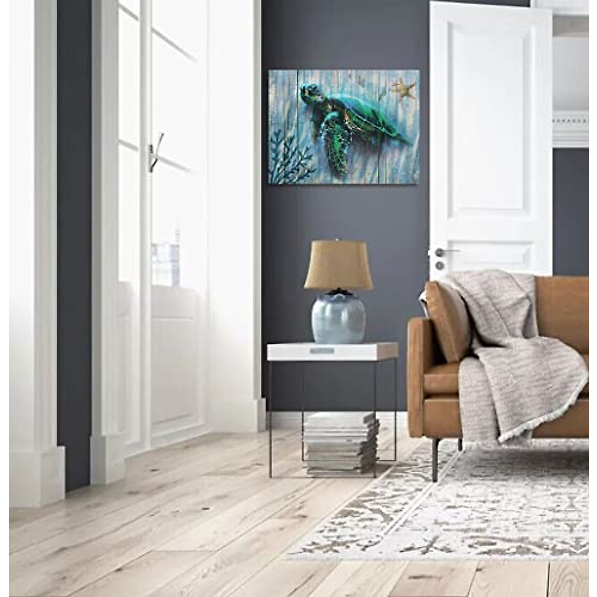 Arjun Bathroom Decor Teal Canvas Green Sea Turtle Wall Art Prints Submarine Picture One Panel 16"x12" Blue Sea-Plant Modern Landscape Painting Framed for Living Room Bedroom Home Office Spa Wall Decor