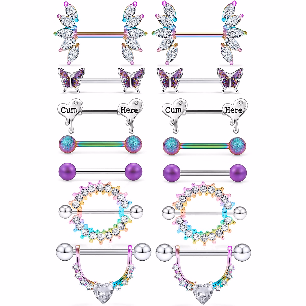 Cisyozi 14G Nipple Piercing Jewelry Nipple Rings for Women Purple Stainless Surgical Steel Nipple Shield Nipplerings Ring Barbell Bar Body Piercing Jewelry for Women 14mm