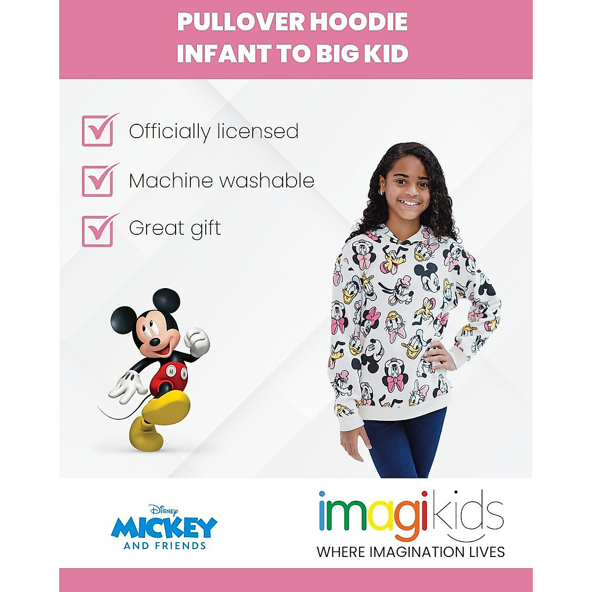 Disney Minnie Mouse Little Girls Fleece Pullover Hoodie White/Bow 7-8