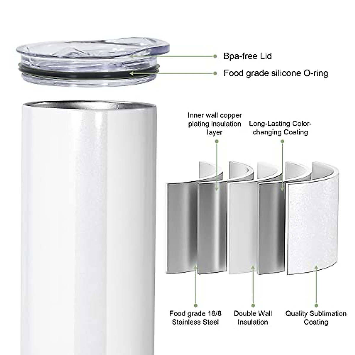 AGH 20 oz Glow in the Dark Sublimation Tumblers | UV Color Changing Sublimation Tumblers | Stainless Steel Vacuum Insulated Straight Skinny Tumblers with Lids and Straws | White to 6 Colors | 6 Pack