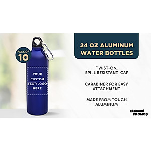 DISCOUNT PROMOS Custom Aluminum Water Bottles with Carabiner 24 oz. Set of 10, Personalized Bulk Pack - Perfect for Gym, Hiking, Camping, Running, Mountain Bike, Outdoor Sports - Met Blue